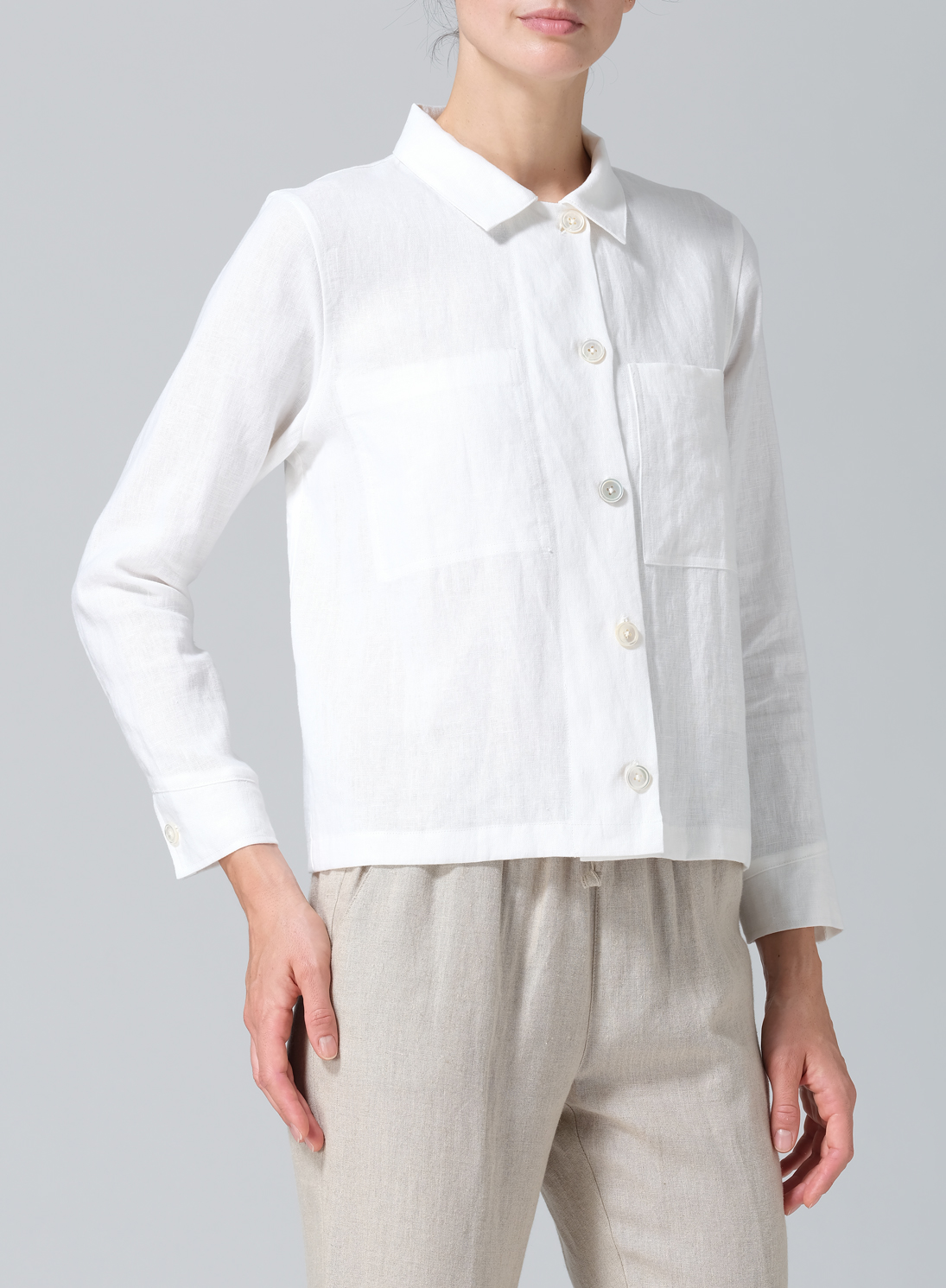 Linen Cropped Shirt Jacket with Pockets - Plus Size