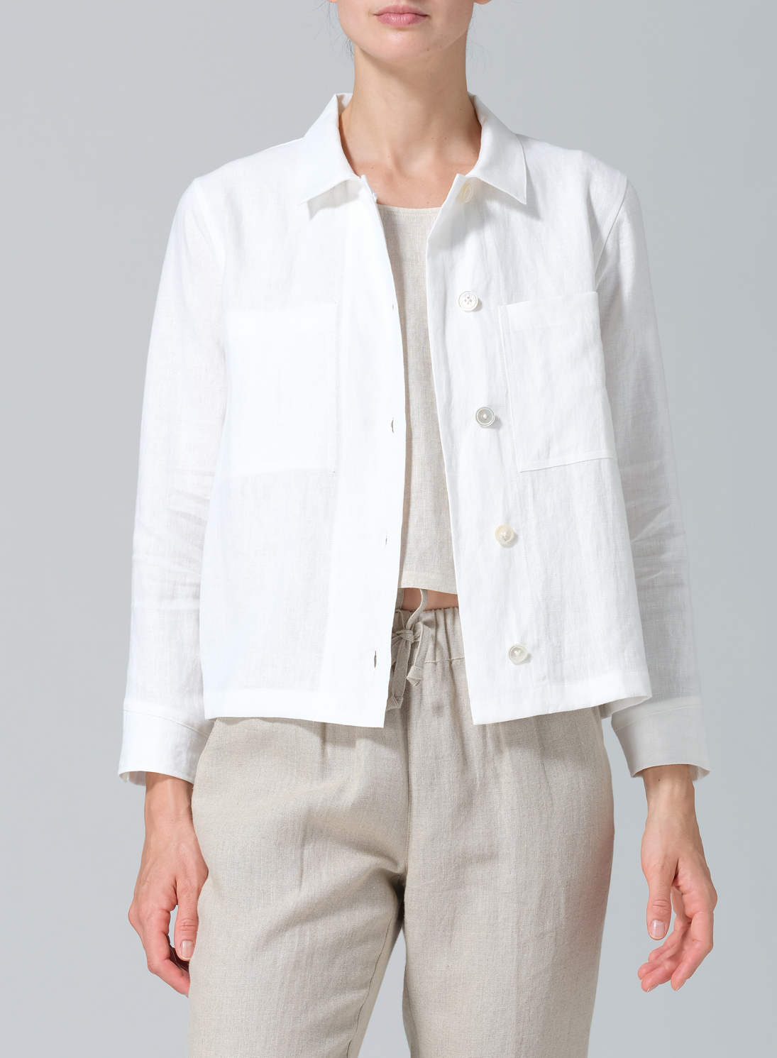 Linen Cropped Shirt Jacket with Pockets - Plus Size